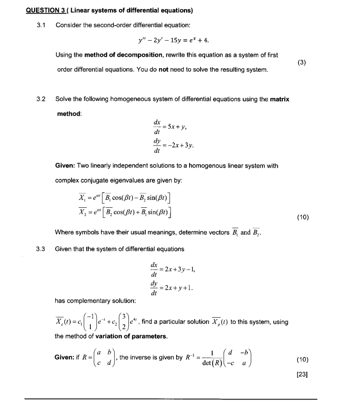 Solved Question 3 Linear Systems Of Differential Equations