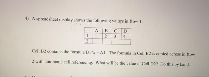 Solved A spreadsheet display shows the following values in | Chegg.com
