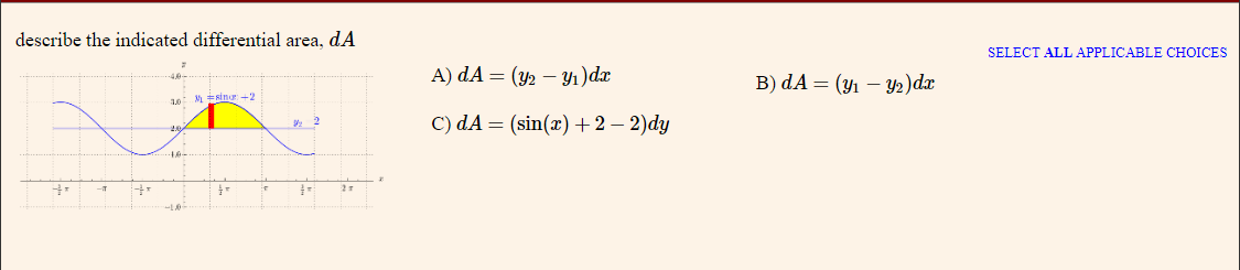 Solved describe the indicated differential area, dA SELECT | Chegg.com