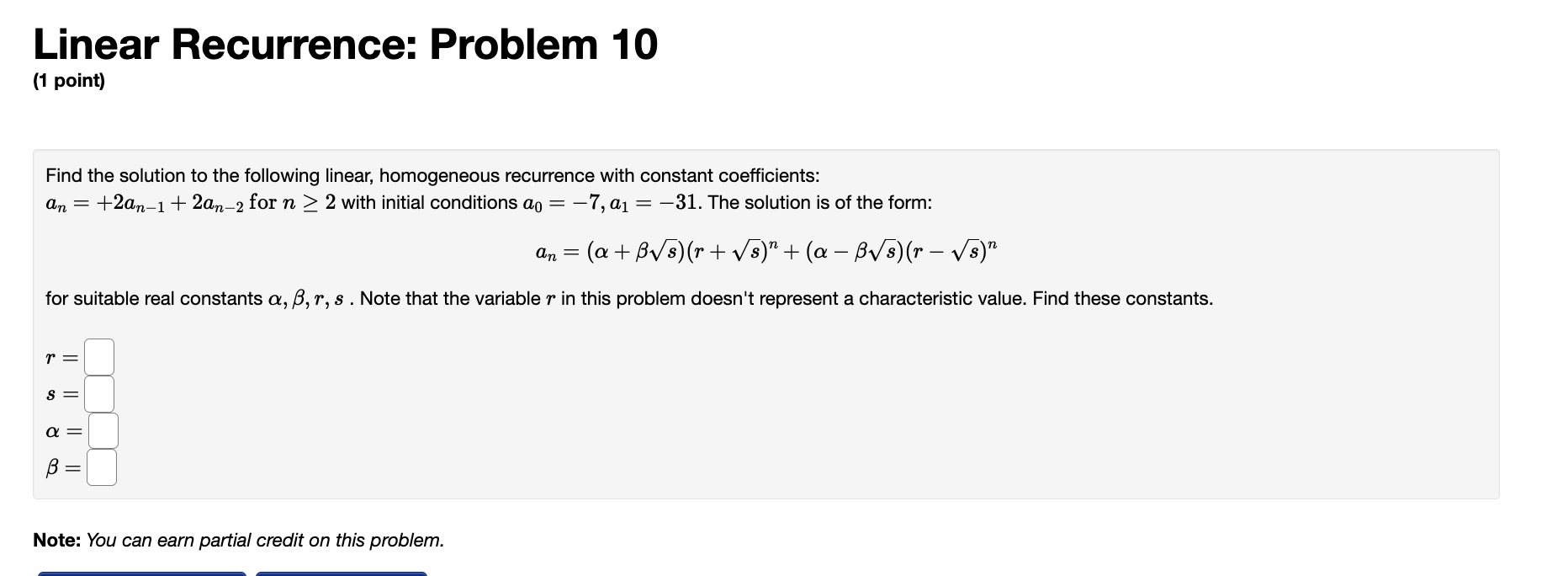 Solved Linear Recurrence Problem 10 1 Point Find The 