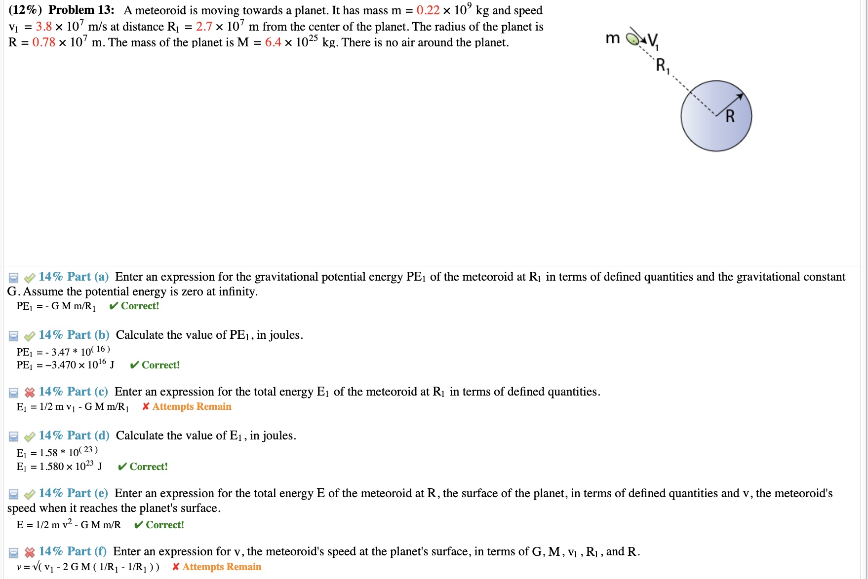 Solved (12\%) Problem 13: A meteoroid is moving towards a | Chegg.com