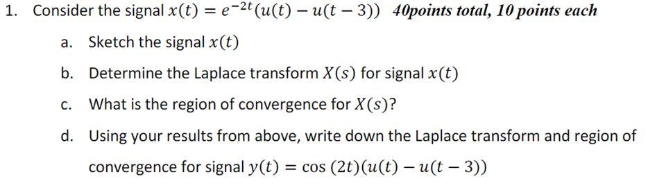 Solved = - 1. Consider the signal x(t) = e-2t (u(t) - u(t – | Chegg.com