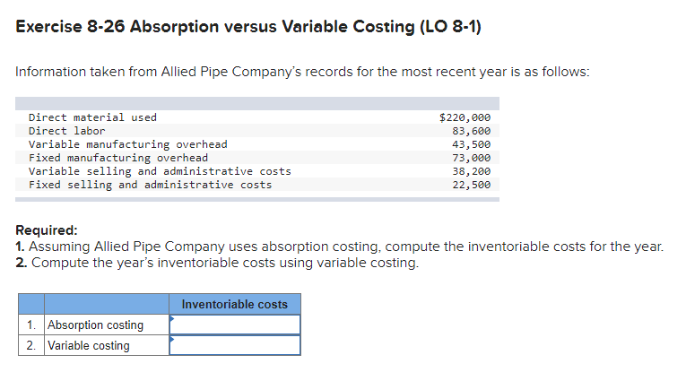 Solved Exercise 8-26 Absorption versus Variable Costing (LO | Chegg.com