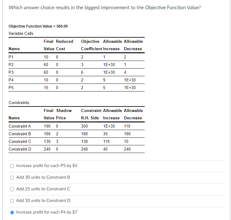 Solved Which Answer Choice Results In The Biggest