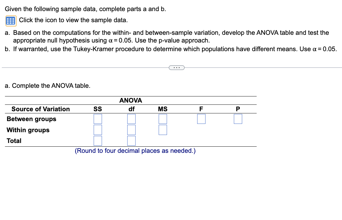 Solved Sample DataGiven the following sample data, complete | Chegg.com
