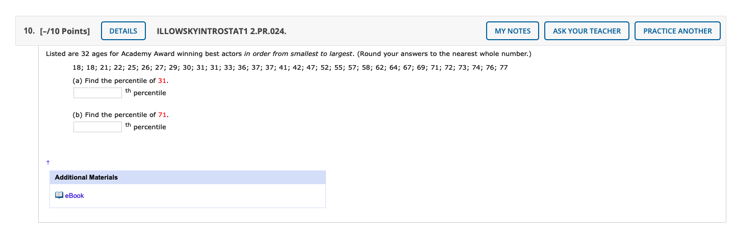 Solved 10. [-/10 Points) DETAILS ILLOWSKYINTROSTAT1 | Chegg.com