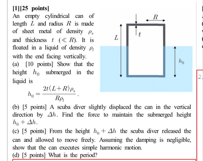 Solved 25 points An empty cylindrical can of length L and | Chegg.com