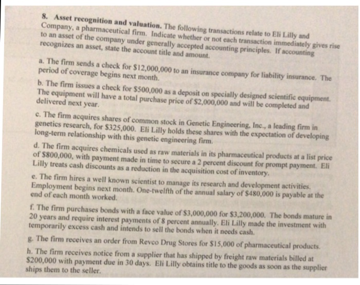 Solved 8. Asset recognition and valuation. The following | Chegg.com