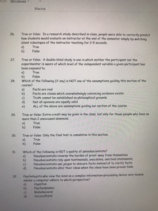 Solved tion Windows Macros True or false: In a research | Chegg.com