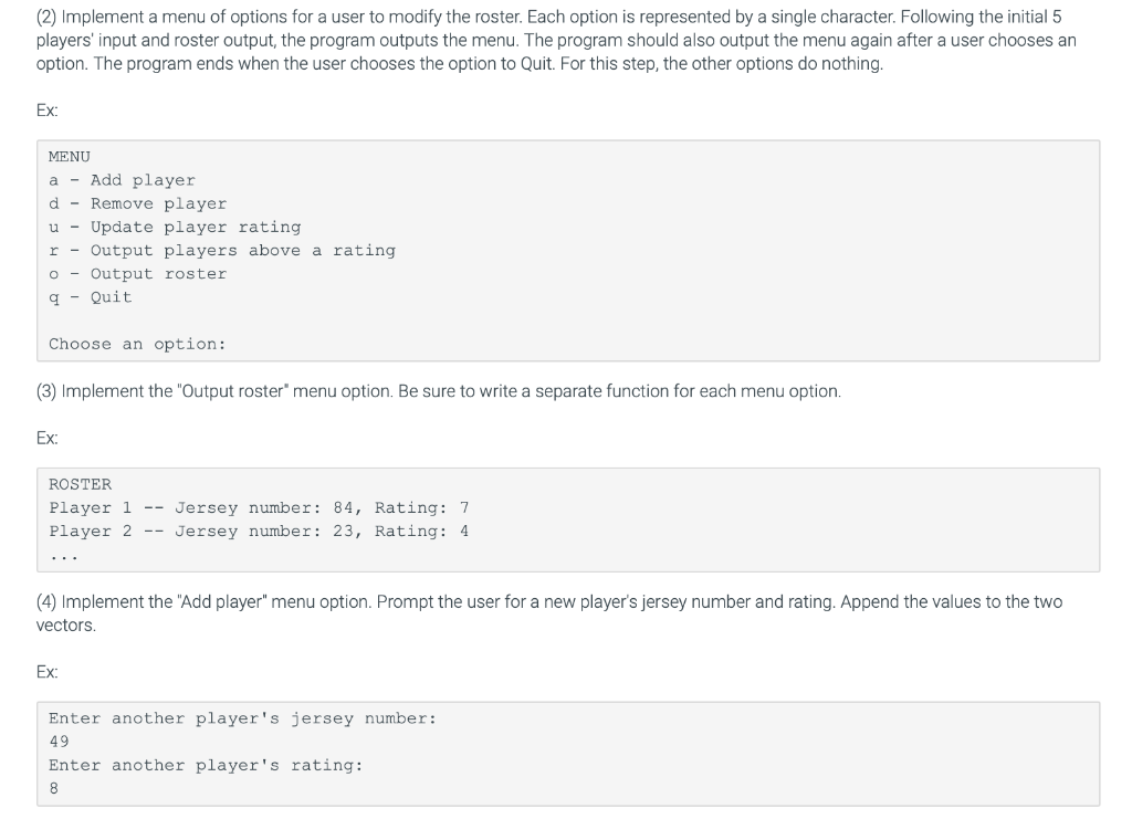 Solved (2) Implement a menu of options for a user to modify | Chegg.com