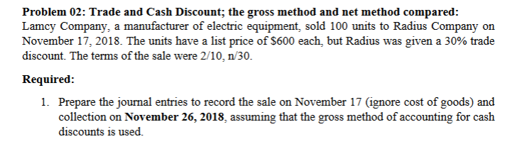 Solved Problem 02: Trade and Cash Discount; the gross method | Chegg.com
