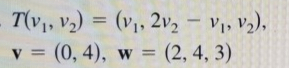 T(v1,v2)=(v1,2v2-v1,v2),v=(0,4),w=(2,4,3) | Chegg.com