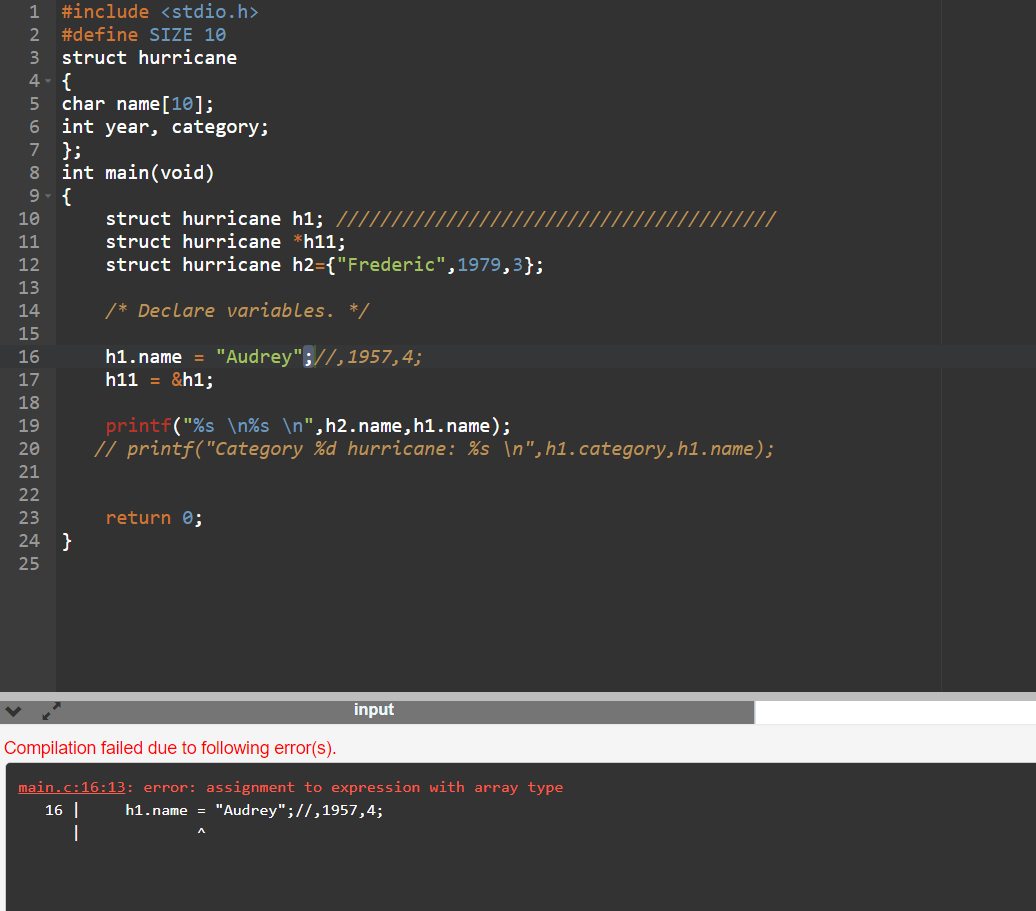 Solved 1 #include 2 #define SIZE 10 3 struct hurricane 4-{ | Chegg.com