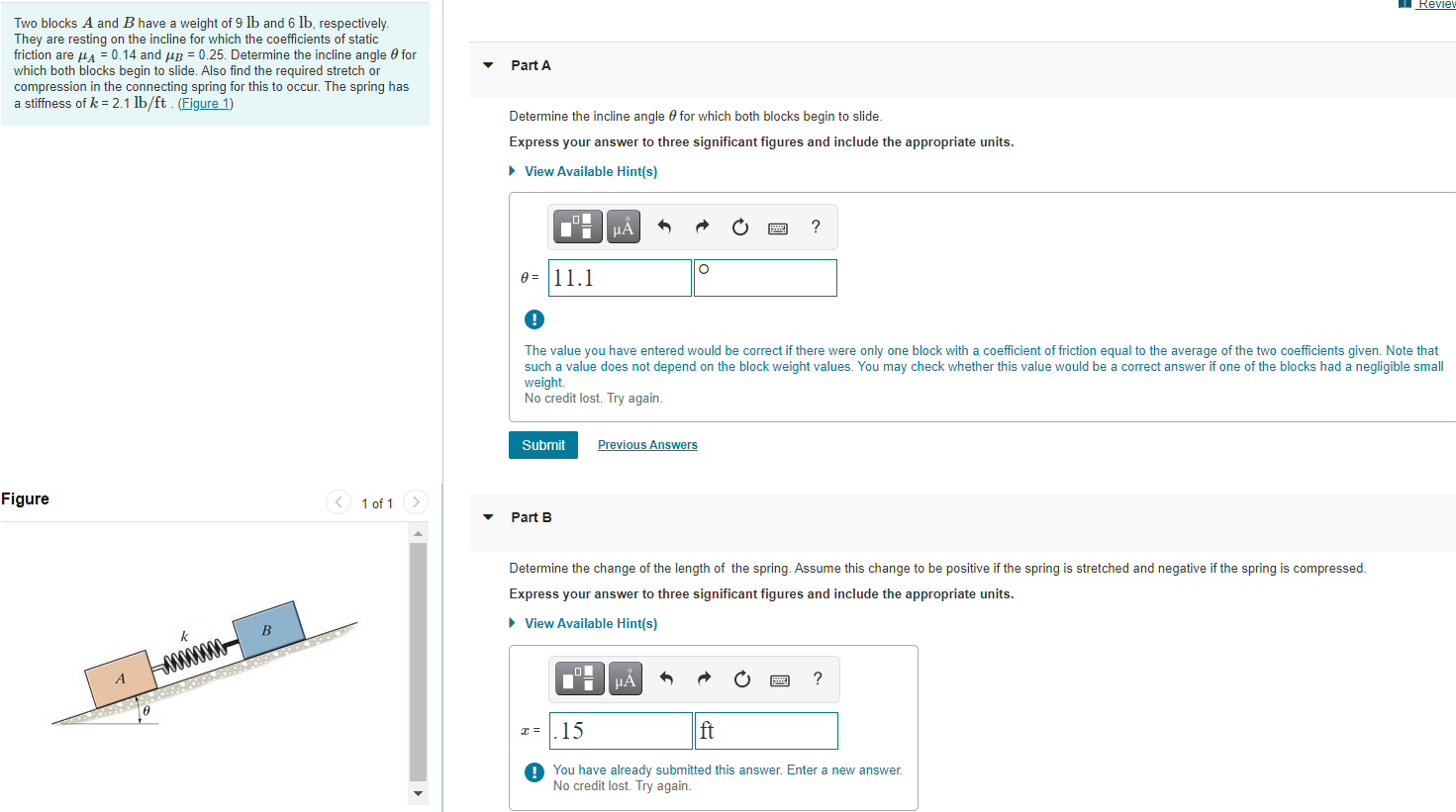 Solved Reviev Two blocks A and B have a weight of 9 lb and 6 | Chegg.com