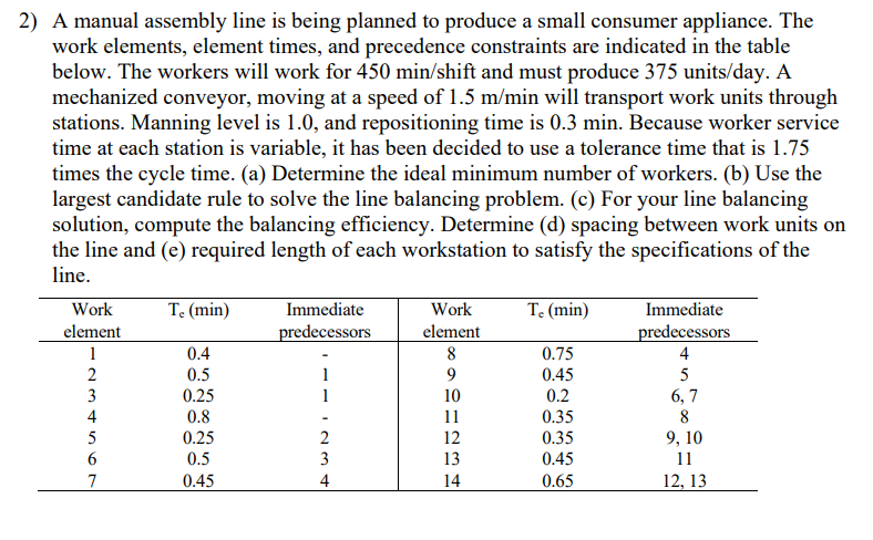 Solved A manual assembly line is being planned to produce a | Chegg.com