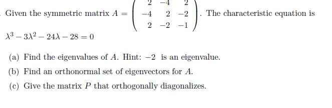 Solved Given the symmetric matrix A=⎝⎛2−42−42−22−2−1⎠⎞. The | Chegg.com