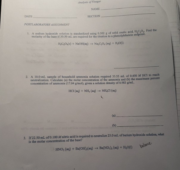 Solved Analysis of Vinegar NAME DATE SECTION POSTLABORATORY | Chegg.com