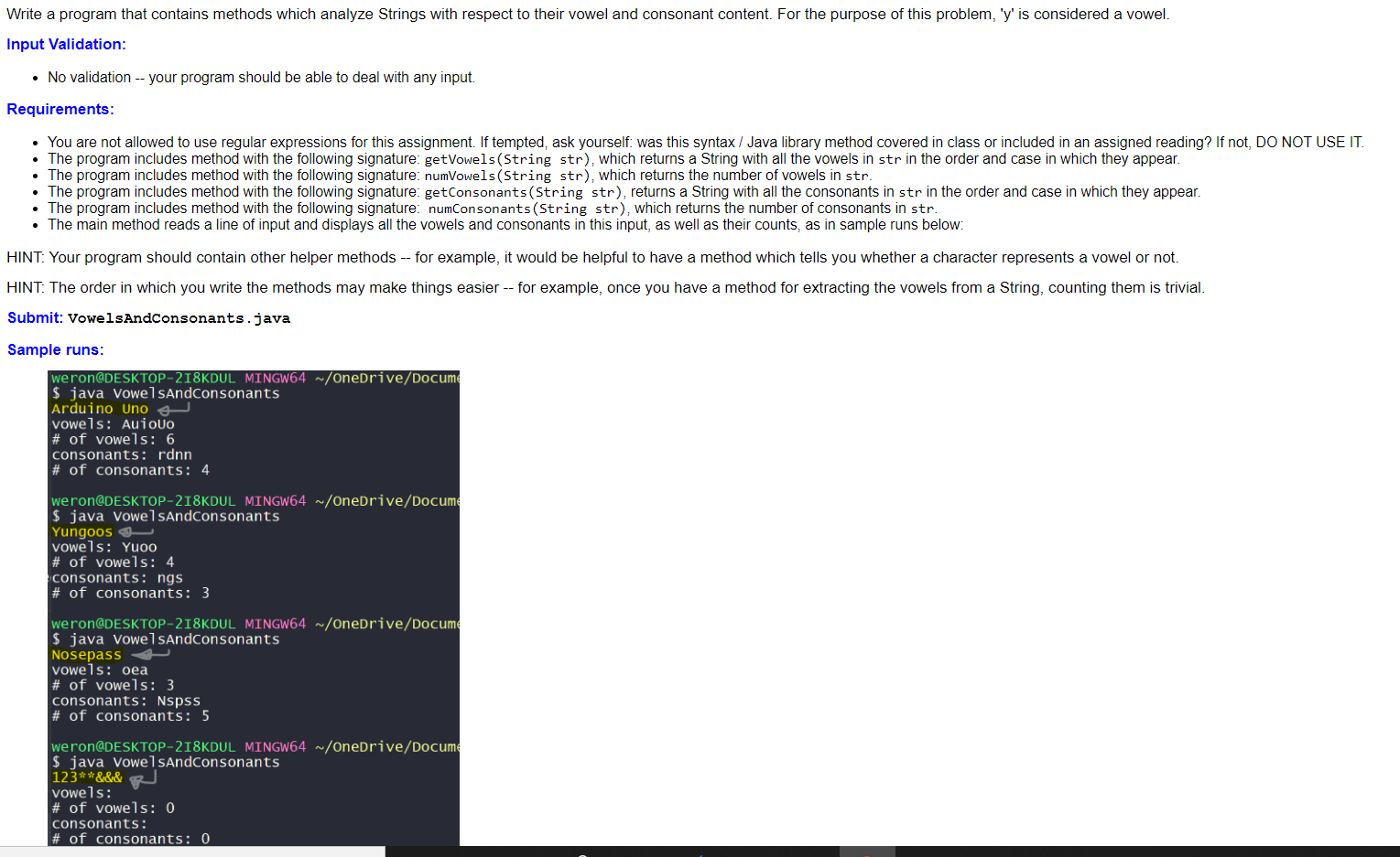 Solved Write Program Contains Methods Analyze Strings Respect Vowel Consonant Content