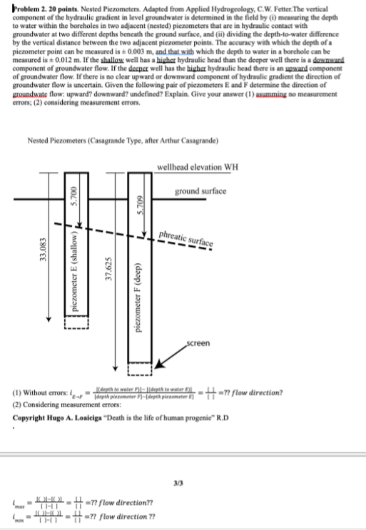Solved Problem 2.20 ﻿points. Nested Piezometers. Adapted | Chegg.com