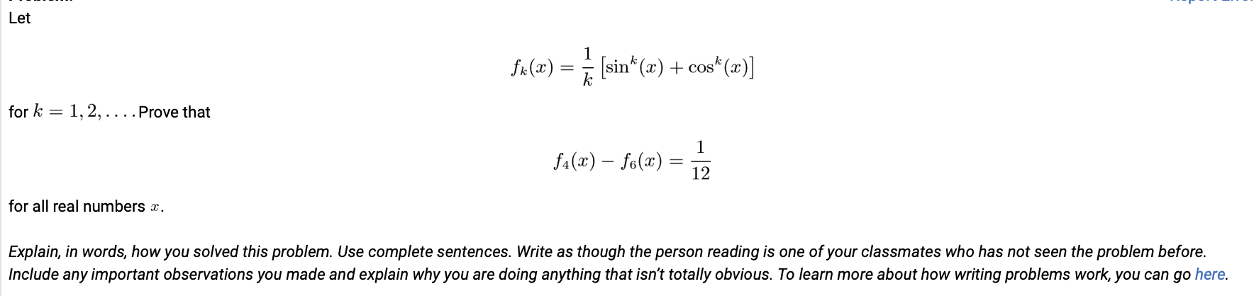 Solved Letfk(x)=1k[sink(x)+cosk(x)]for k=1,2,dots. Prove | Chegg.com