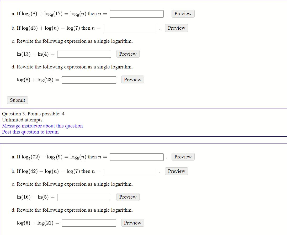 Solved a. If log (8) + log (17) loge(n) then n = Preview b. | Chegg.com