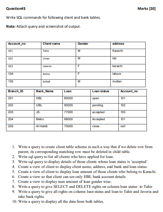 Solved Marks [20] Question#3 Write SQL commands for | Chegg.com