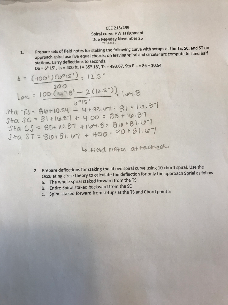 CEE 213/499 Spiral curve HW assignment Due Monday | Chegg.com