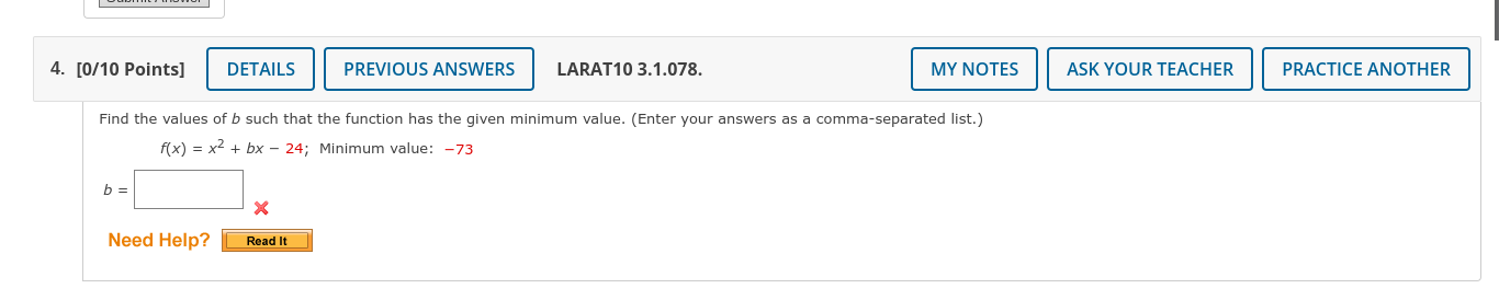 Solved Find the values of b such that the function has the | Chegg.com
