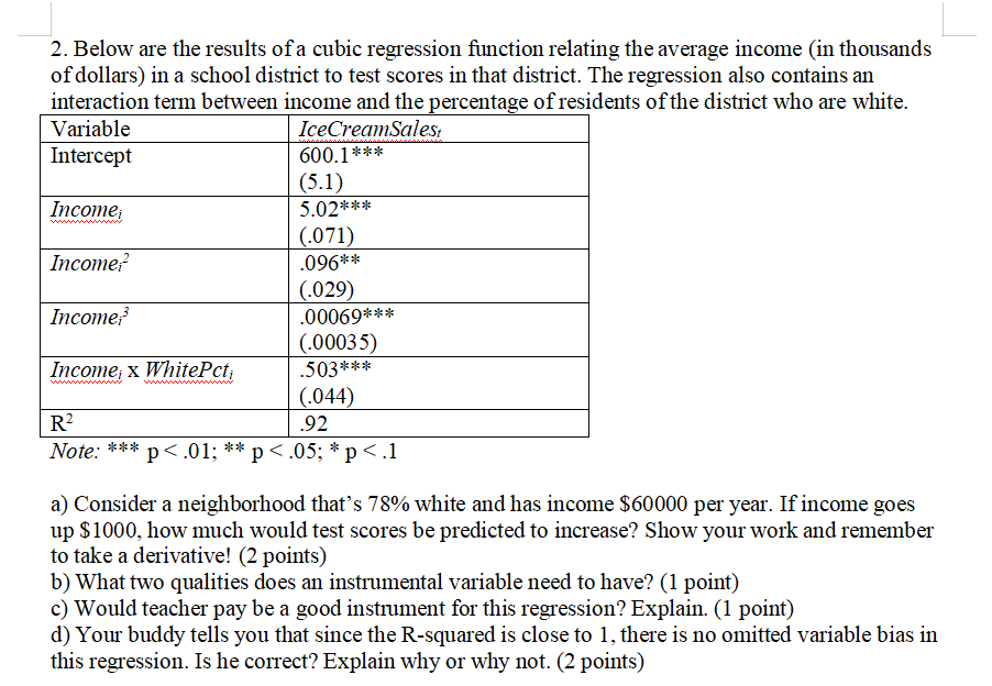 2. Below are the results of a cubic regression | Chegg.com