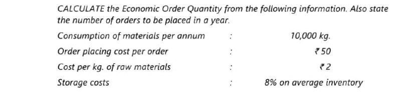 Solved CALCULATE the Economic Order Quantity from the | Chegg.com