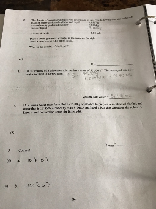 Solved 2. The density of an unknown liquid was determined in | Chegg.com