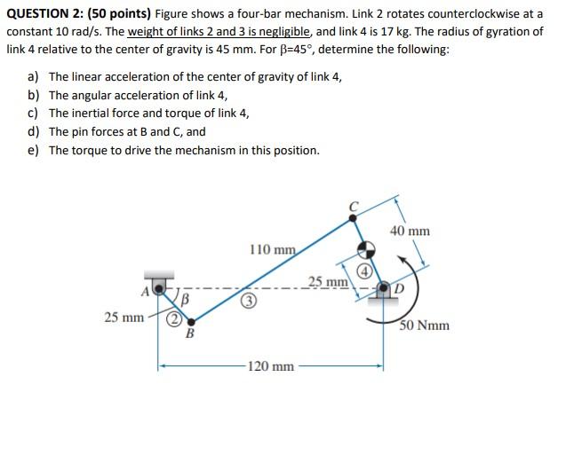 Solved QUESTION 2: (50 points) Figure shows a four-bar | Chegg.com