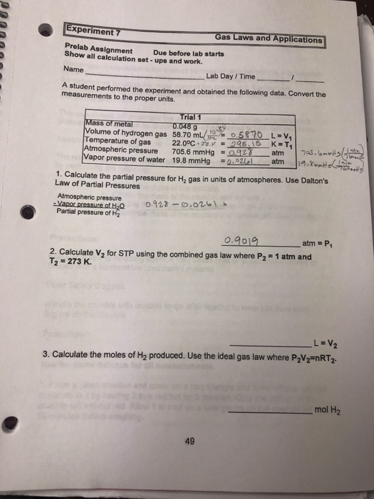 Solved Gas Laws and Applications Experiment 7 Prelab | Chegg.com