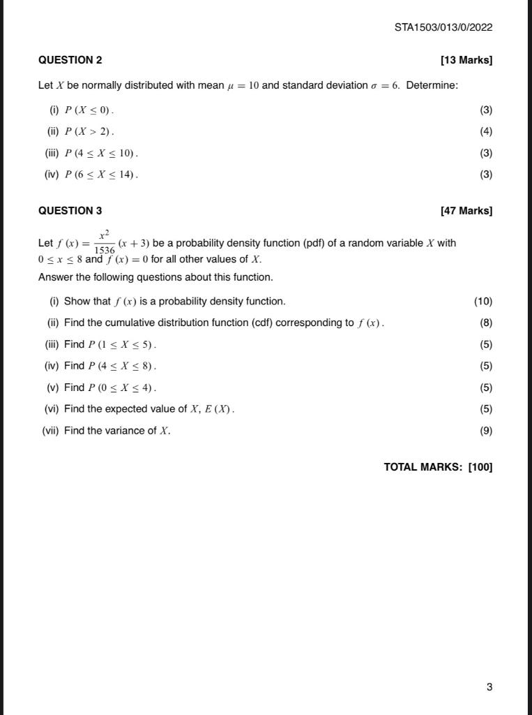 Solved QUESTION 2 [13 Marks] Let X be normally distributed | Chegg.com