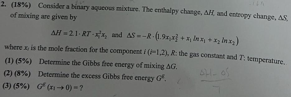 Solved = 2. (18%) Consider a binary aqueous mixture. The | Chegg.com