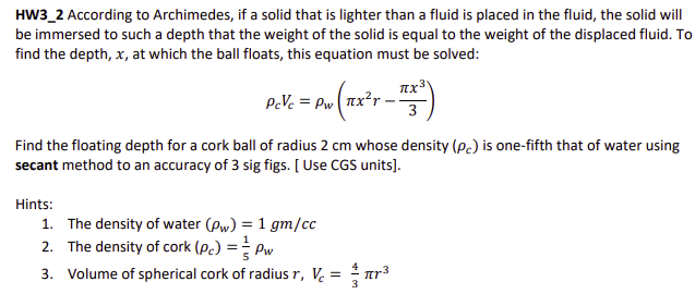 Solved HW3_2 According to Archimedes, if a solid that is | Chegg.com