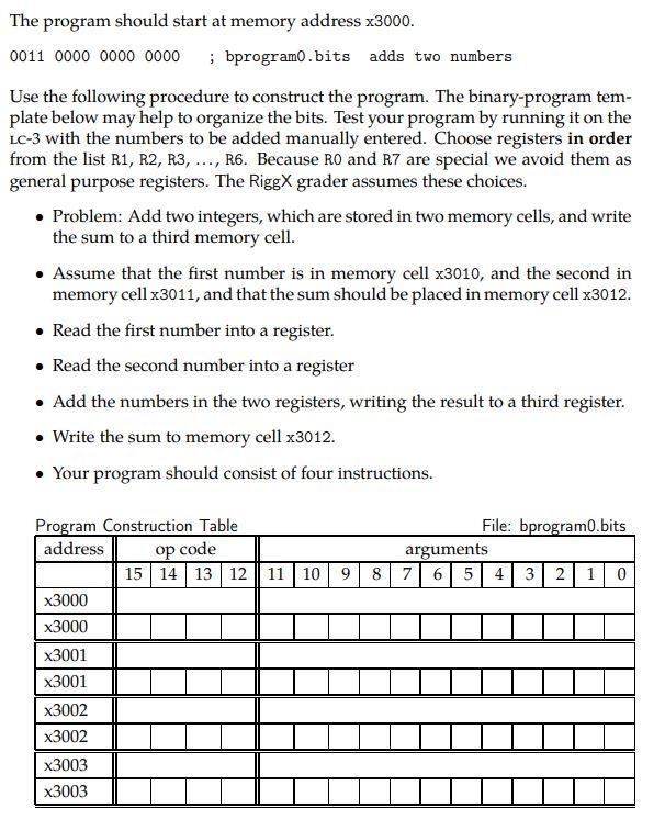 Solved The program should start at memory address x3000. | Chegg.com