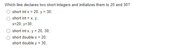 Solved Which line declares two short integers and | Chegg.com