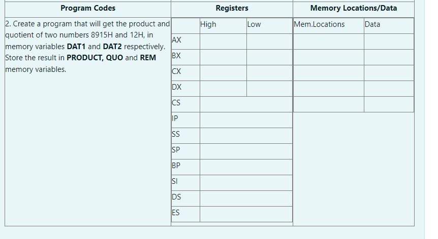 Solved Registers Memory Locations/Data Mem.Locations Data | Chegg.com
