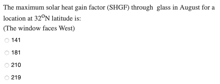 Solved The maximum solar heat gain factor (SHGF) through | Chegg.com