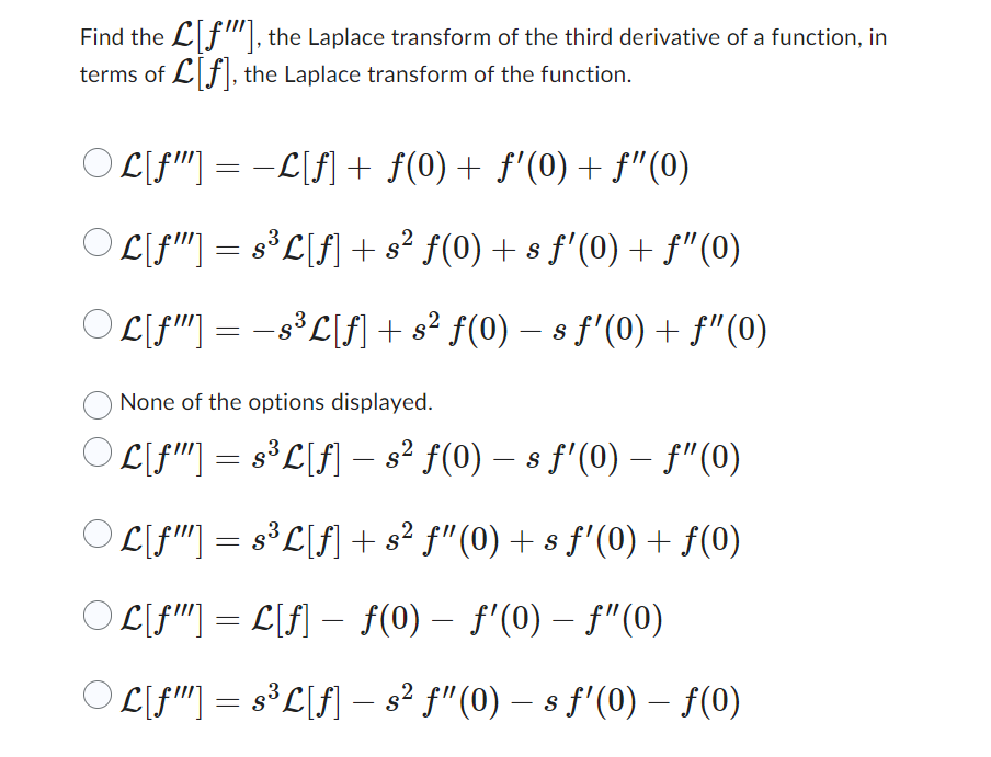 Solved Find the L[f′′′], the Laplace transform of the third | Chegg.com