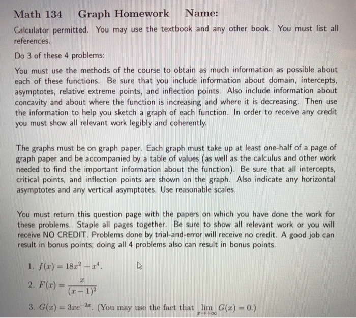 Solved Math 134 Graph Homework Name: Calculator permitted. | Chegg.com