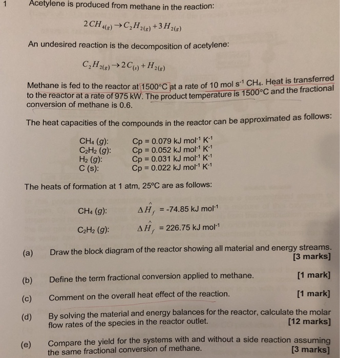 Solved Acetylene is produced from methane in the reaction: 1 | Chegg.com