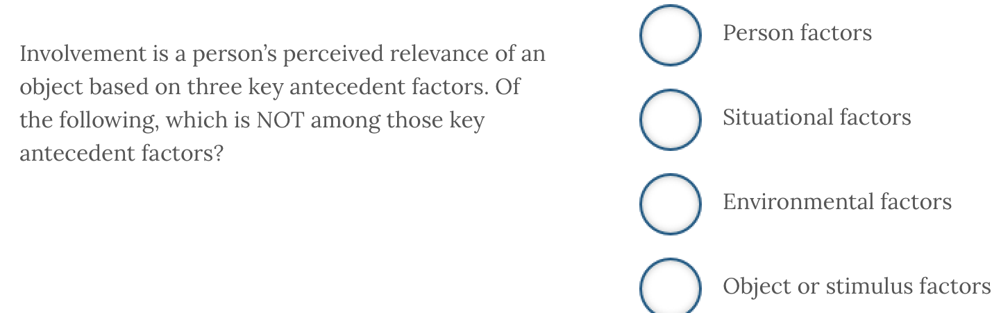 Solved Involvement is a person's perceived relevance of | Chegg.com
