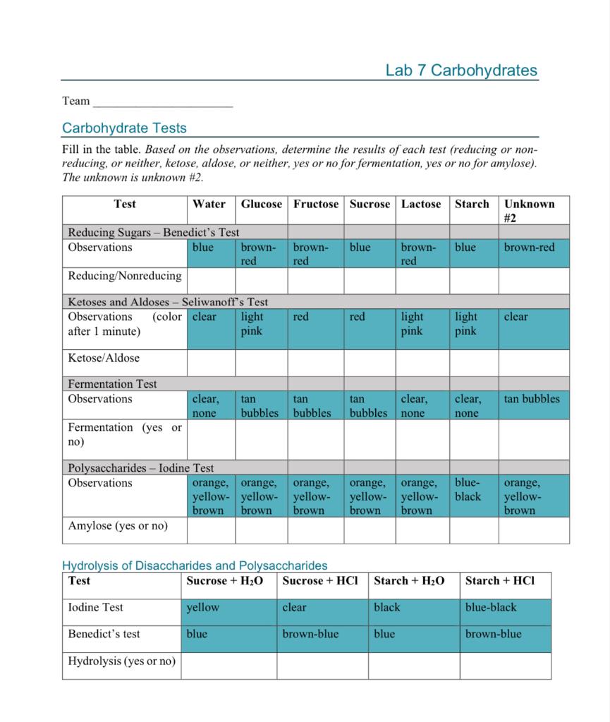 Solved Lab 7 Carbohydrates Team Carbohydrate Tests Fill in | Chegg.com
