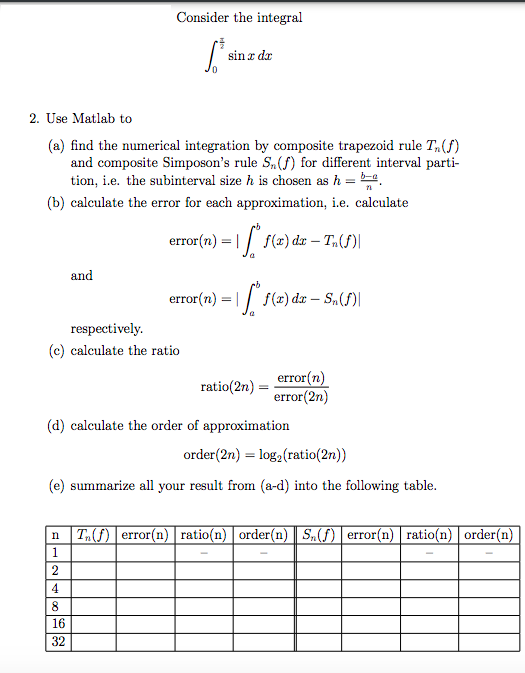 Solved Consider the integral sin da 2. Use Matlab to (a) | Chegg.com