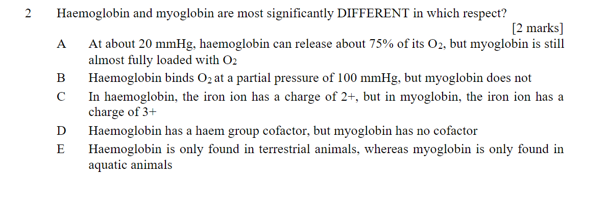 Solved 2 Haemoglobin and myoglobin are most significantly | Chegg.com