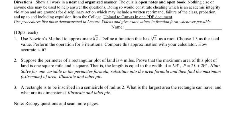 Solved Directions: Show all work in a neat and organized | Chegg.com