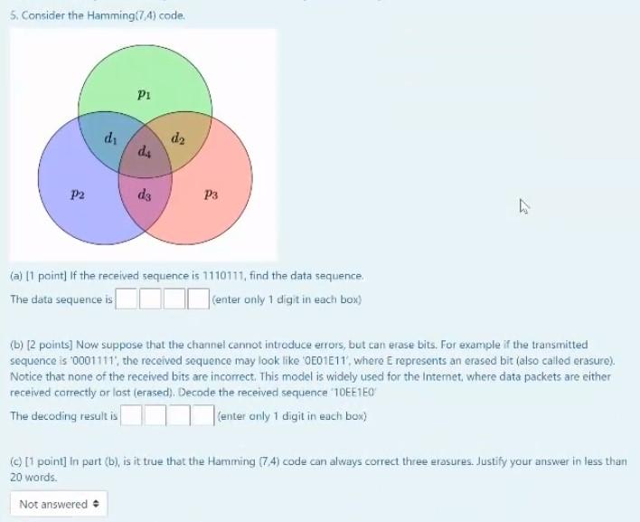 Solved 5 Consider The Hamming74 Code P1 Di D2 De P2 Ds P3 