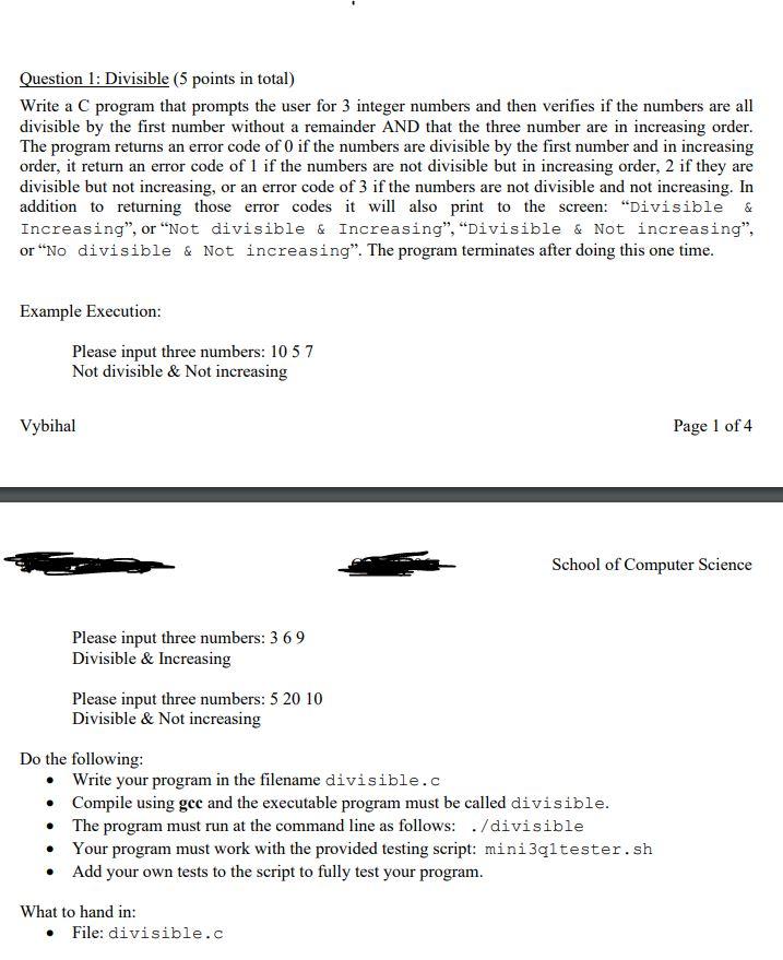 Solved Question 1: Divisible (5 points in total) Write a C | Chegg.com